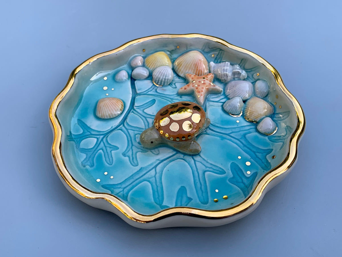 Green Sea turtle jewelry dish, ceramic dish with Caribbean blues and g