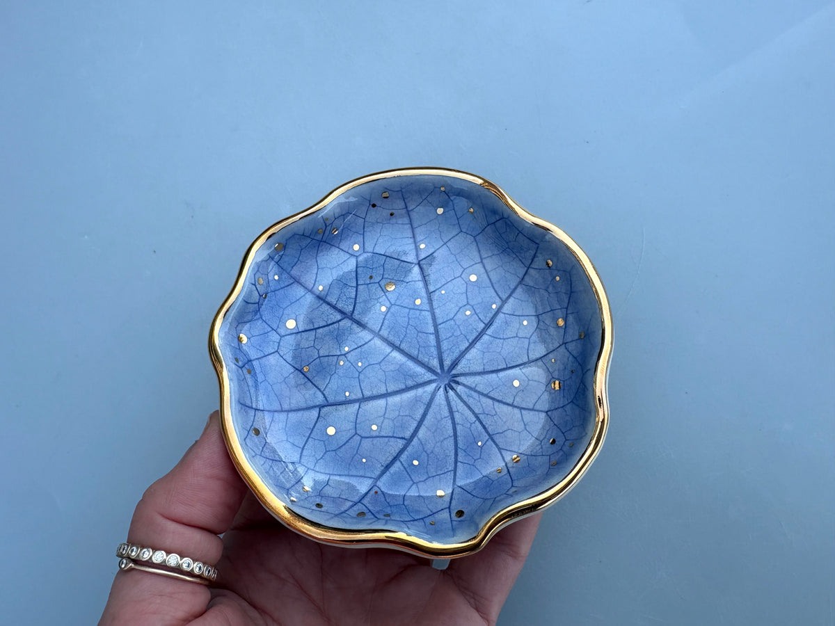 Small Periwinkle Blue Ceramic Leaf Dish with Gold Accents, Nasturtium
