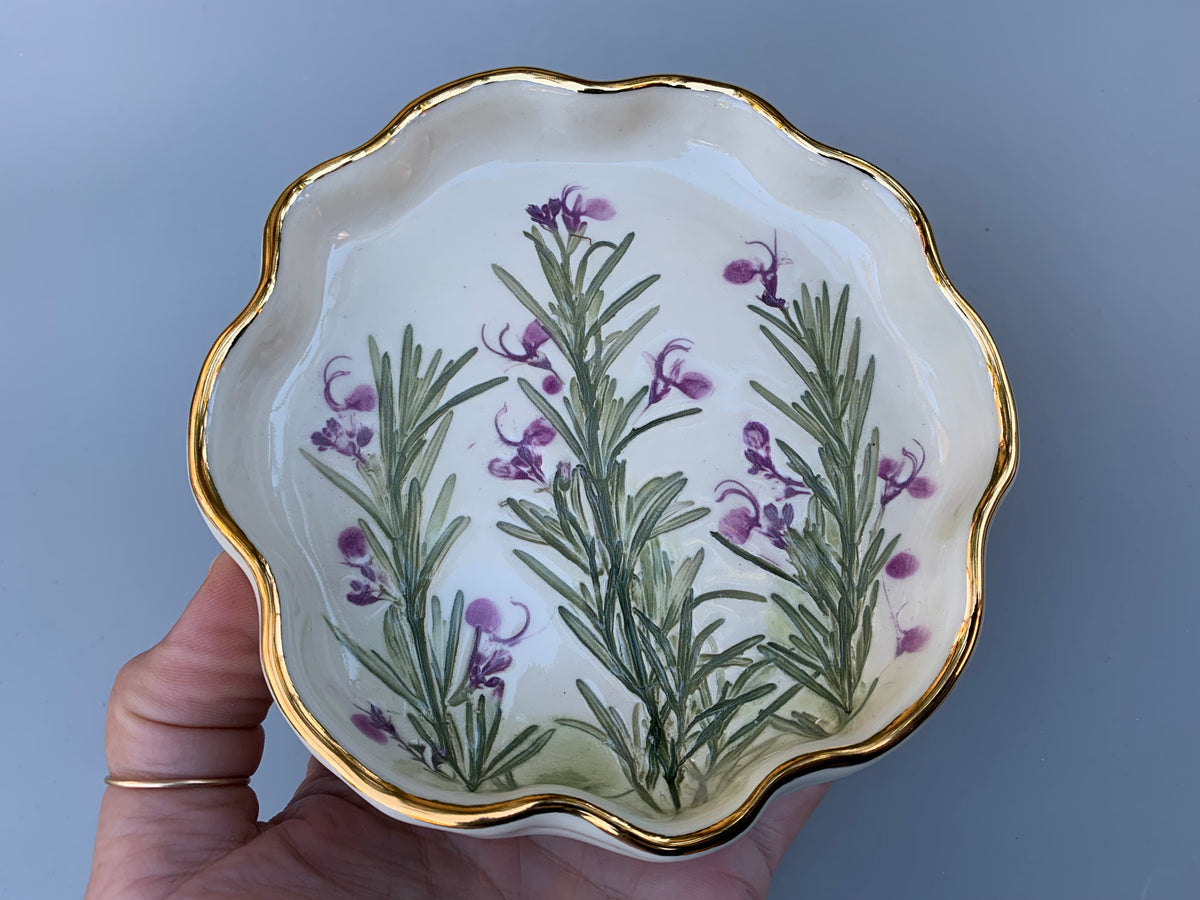 Flowering Rosemary Jewelry Holder, Ceramic Dish with Gold Accents